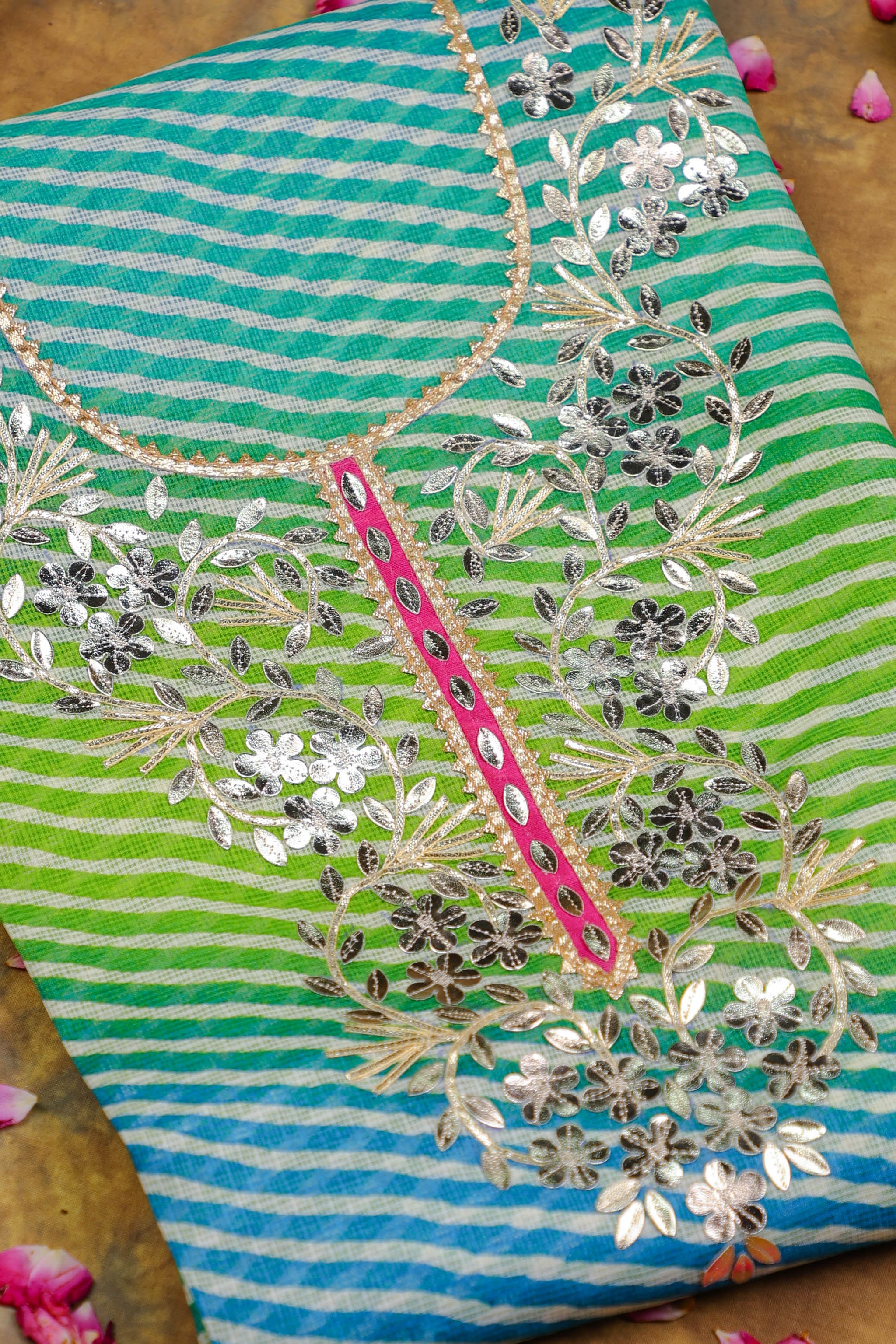 Blue-Green Lahariya Grace Unstitched Kota Doria Suit Set with Gota Pat