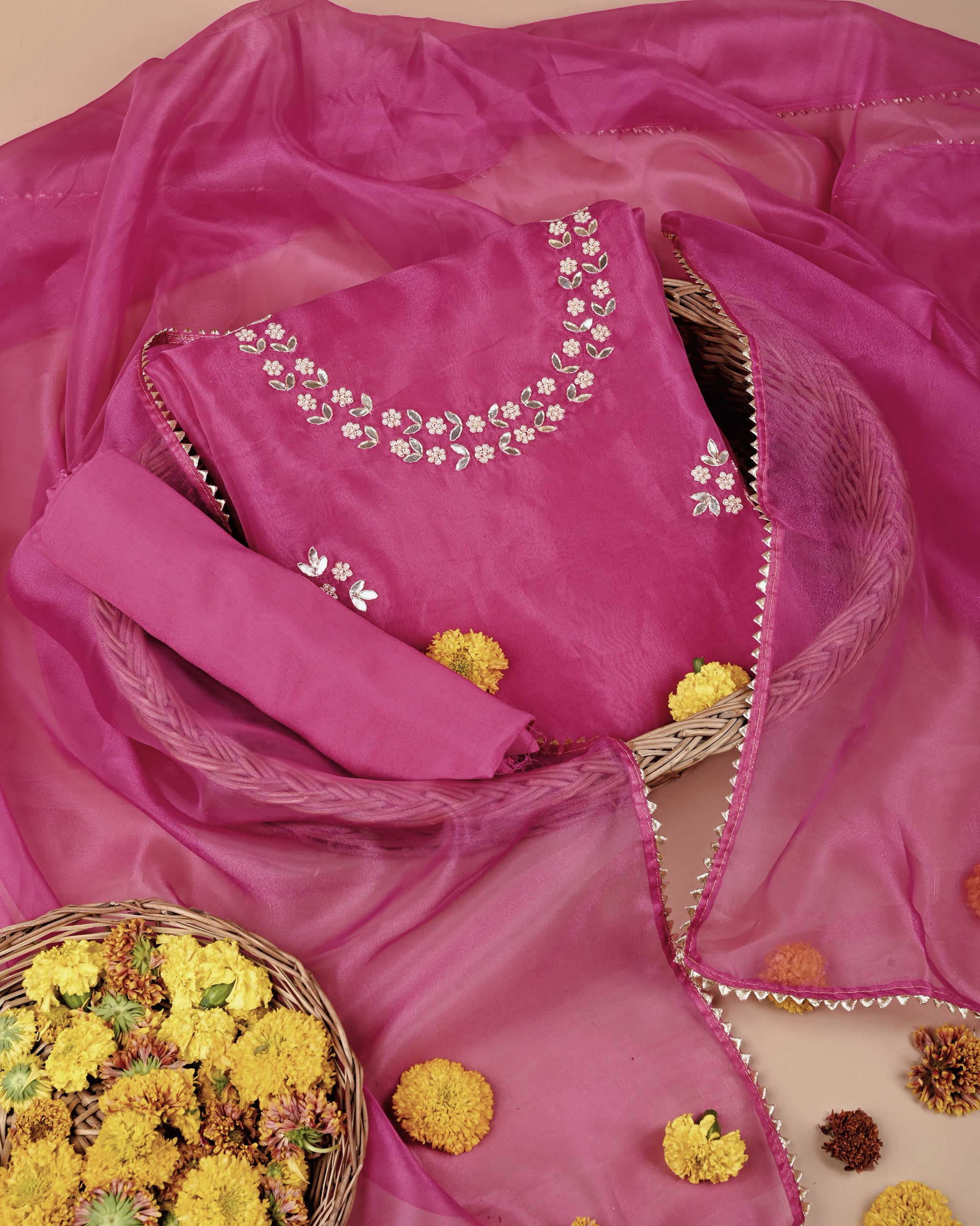 Brink Blush Unstitched Organza Tissue Suit Set with Gota Patti & Pearl